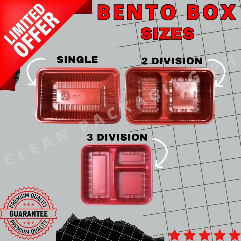 [10 PCS] 1/2/3 DIVISION RED BENTO BOX WITH THICK PLASTIC LIDS 170-180 ...