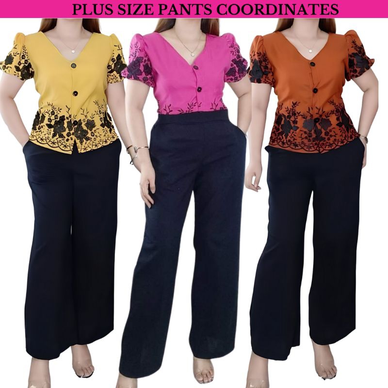 ZHENSCO Senepa Plus Size Embroid Eyelet V-Neck Top and High Waist Pants ...