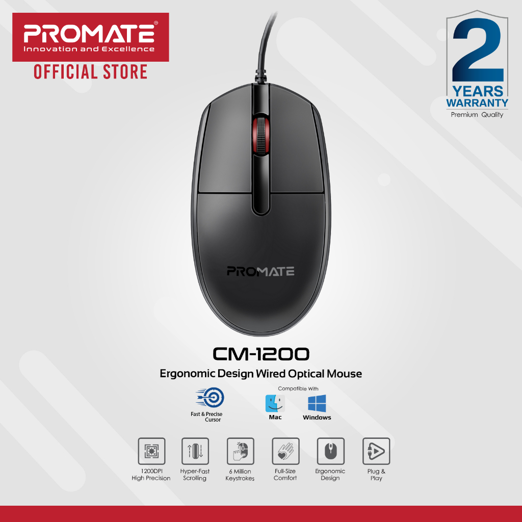 Promate CM-1200 Ergonomic Design Wired Optical Mouse | Shopee Philippines