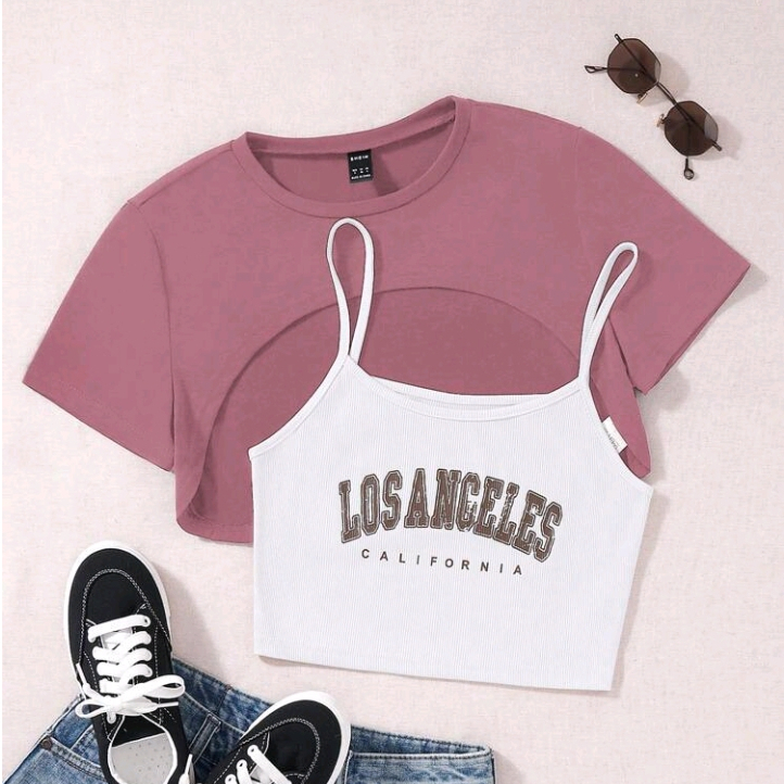 Fashionable 2 in 1 Crop top tees & High Low Tee tops short sleeve free ...