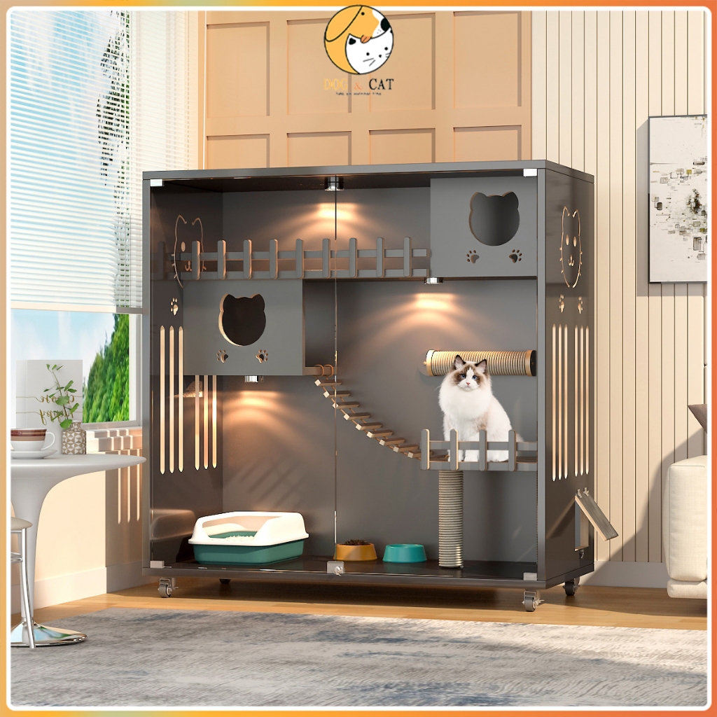 Ready stock Cat Villa Premium Wood Tempered Glass Cat House Wooden Cat ...
