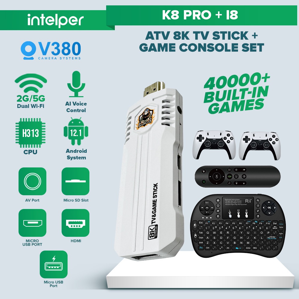 Intelper K8 Pro 8K UHD TV Game Stick 2+16GB BT4.0 ATV Voice Remote 5G Dual WiFi 40000+ 3D Games ...