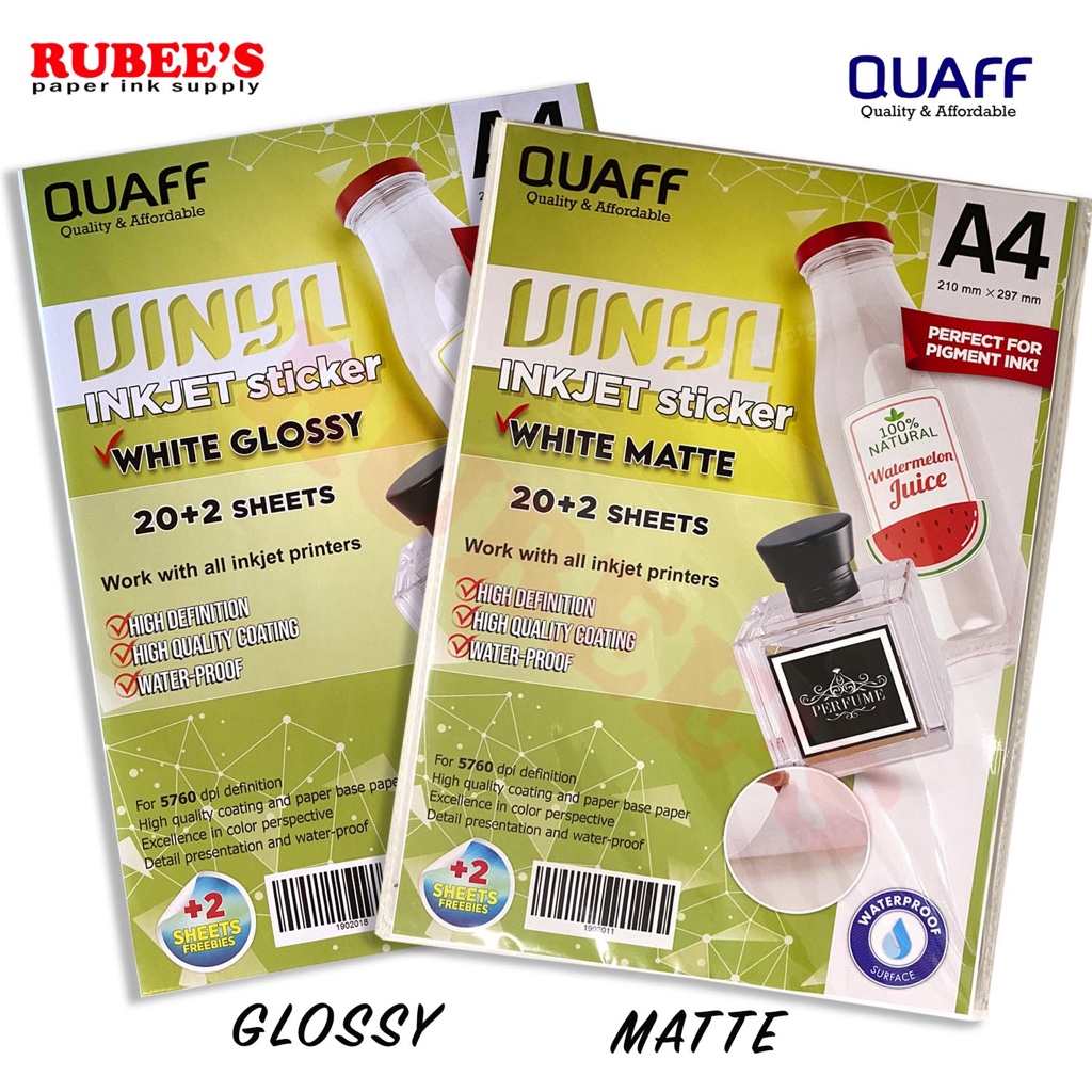 Waterproof QUAFF Vinyl Inkjet Sticker White Glossy/Matte A4 (20+2 ...