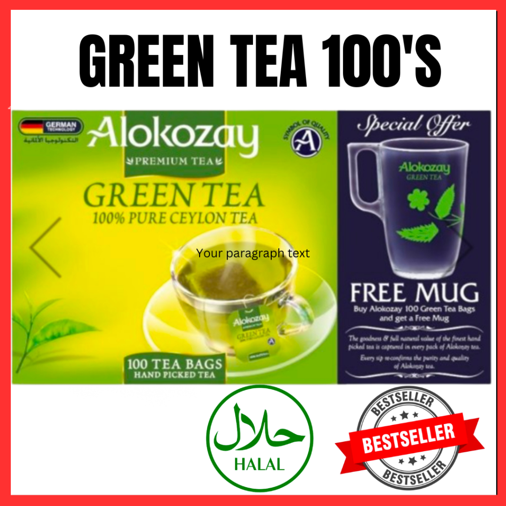 Alokozay Green Tea - 100 Tea Bags + FREE Mug HALAL Pampapayat Weight loss Lipton Greentea EXP ...