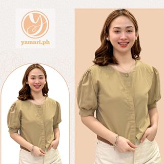 Yamari.PH Basic Casual linen round neck puffsleeves buttondown Polo top | VANESSA | Shopee ...