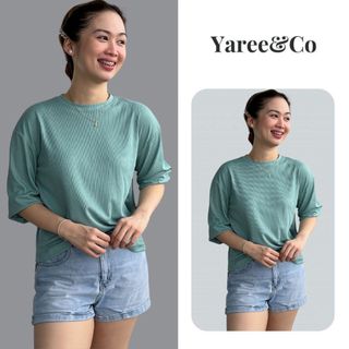 Yaree&Co. Jade Drop Shoulder 3/4 Sleeves Waffle Knit T-shirt Top ...