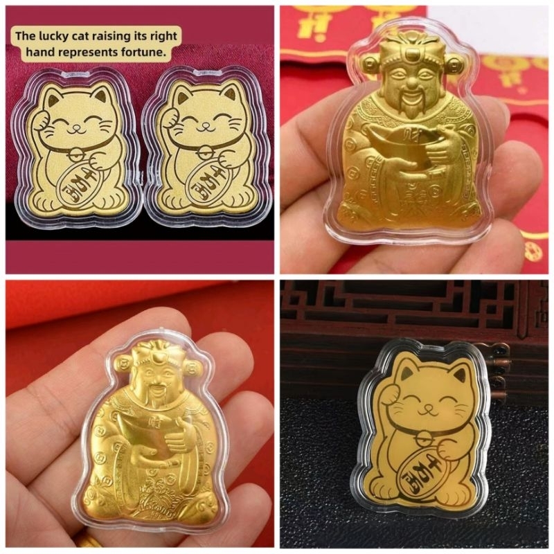 Lucky charm gold foil talisman lucky cat& god of wealth charm w/arcylic ...