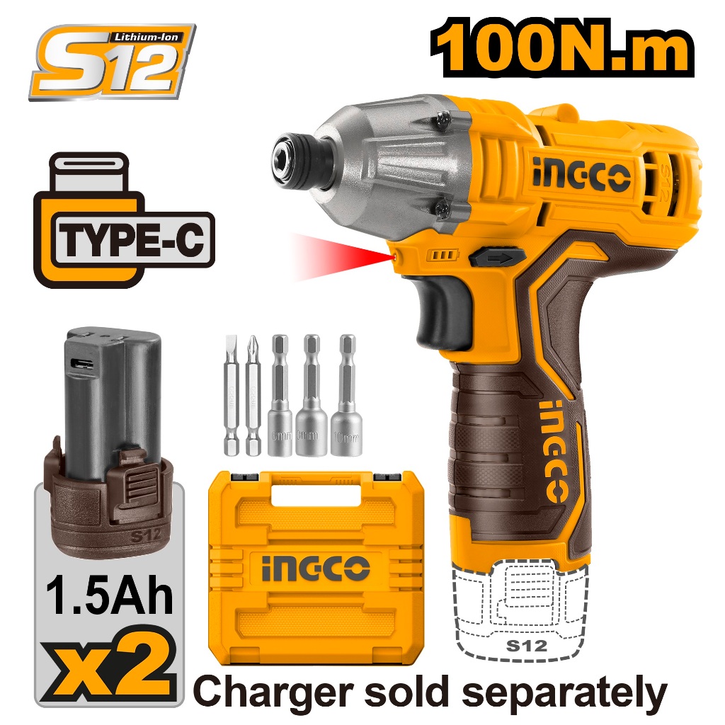 INGCO 12V LI-Ion Impact Driver USB Led Work Light 2x Battery with Bits ...