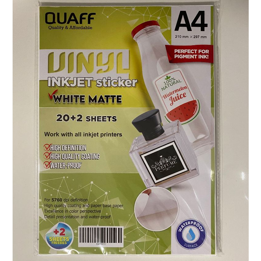 Waterproof QUAFF Vinyl Inkjet Sticker White Glossy/Matte A4 (20+2 ...
