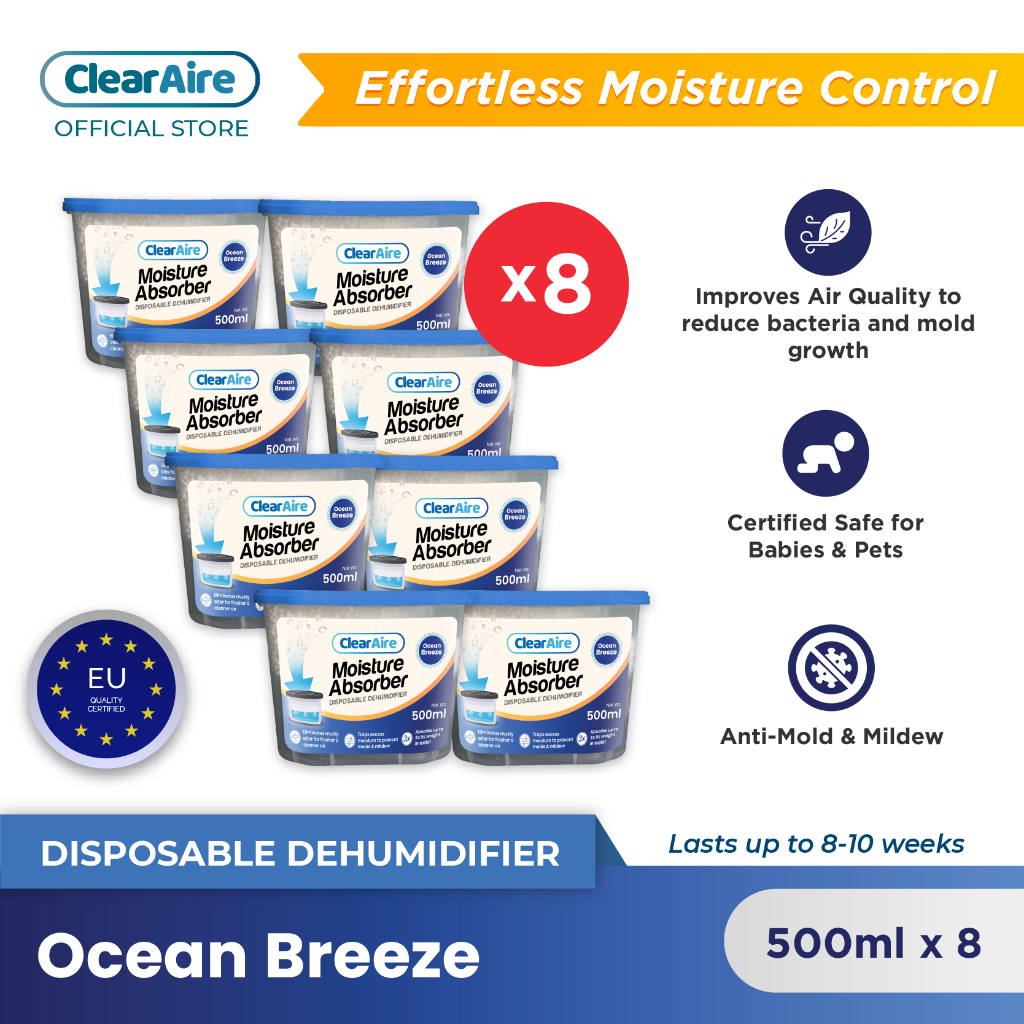ClearAire Disposable Dehumidifier Ocean Breeze - Anti Mold - Moisture Absorbtion Pack (500ml x 8 ...