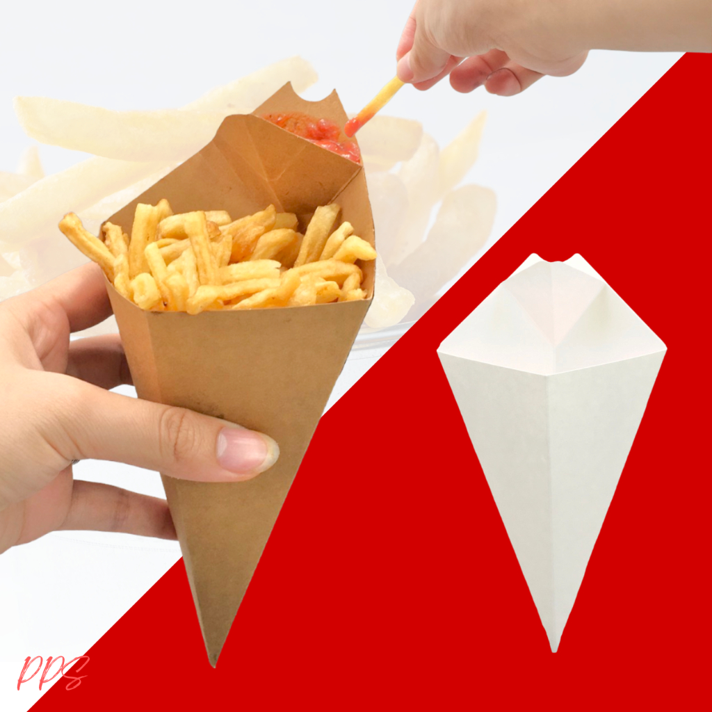50pcs Cone Shape Fries Holder with Concave Sauce Division Kraft Paper 2 ...