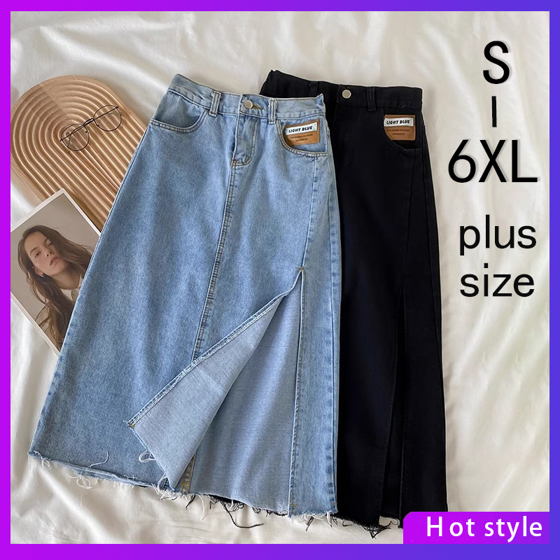 PLUS SIZE Long skirt black MIDI slit denim pencil highwaist A-line ...