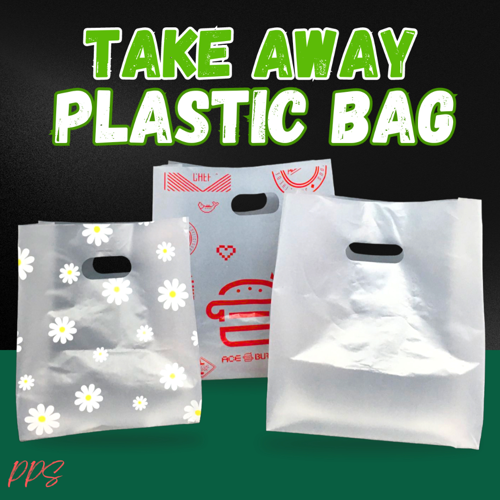 50pcs Plastic Printed Bag with handle Take Out for Cake Pastry Meal Box ...