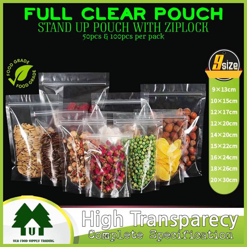 Ziplock Plastic Packaging Full Clear Stand Up Pouch 100pcs 50pcs Per