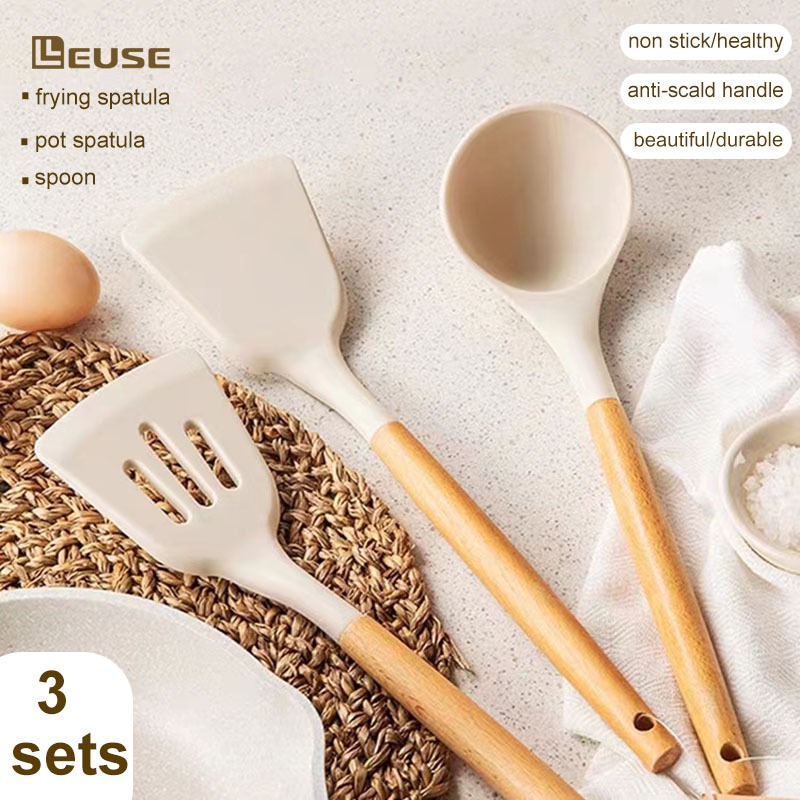 LEUSE food grade wooden handle silicone spatula kitchenware 3-piece set ...