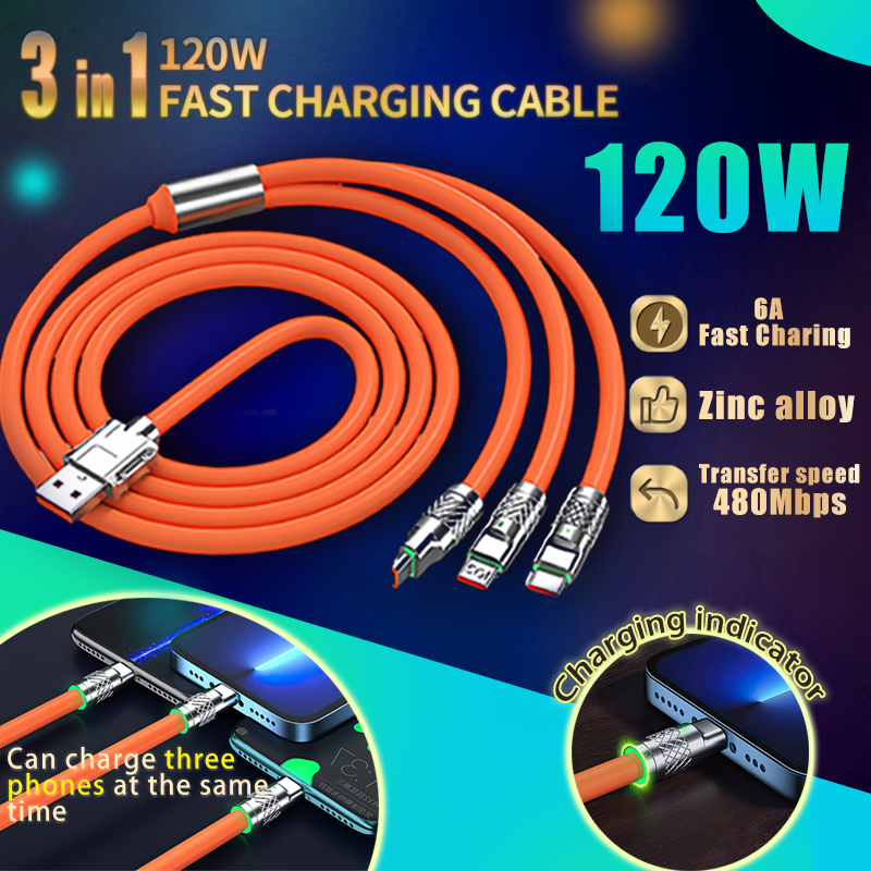 3 IN 1 Fast Charging Cable 120W 6A Micro Type-C Super Fast Charger USB ...
