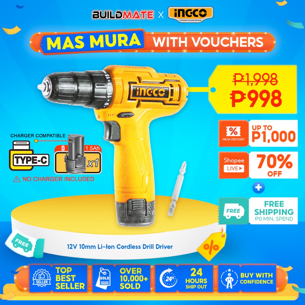 BUILDMATE Ingco 12V 10mm Li-Ion Cordless Drill Driver with Battery ...