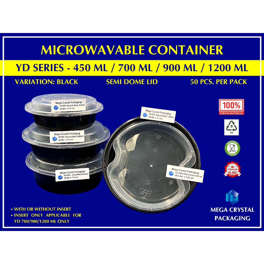 [ 50 Pcs ] Microwavable Semi Dome Lid Round Black YD 450ml / 700m / 900ml / 1200 ml with/out ...