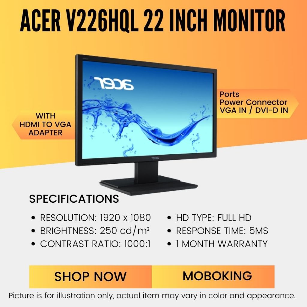 Monitor Slim ACER V226HQL 22" INCH LED Full Hd 60Hz For Office Design ...