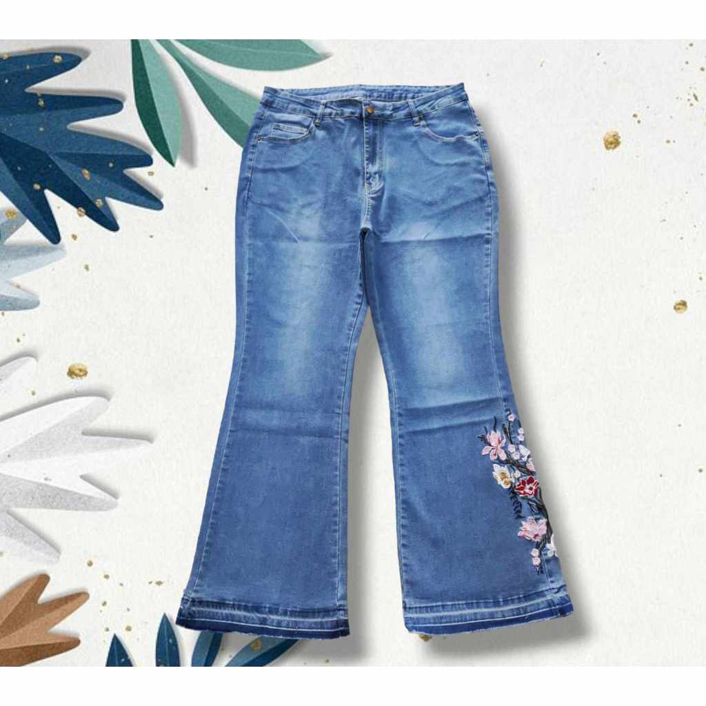 Plus Size Embroidery Flare Leg High Waist Denim Jeans | Shopee Philippines