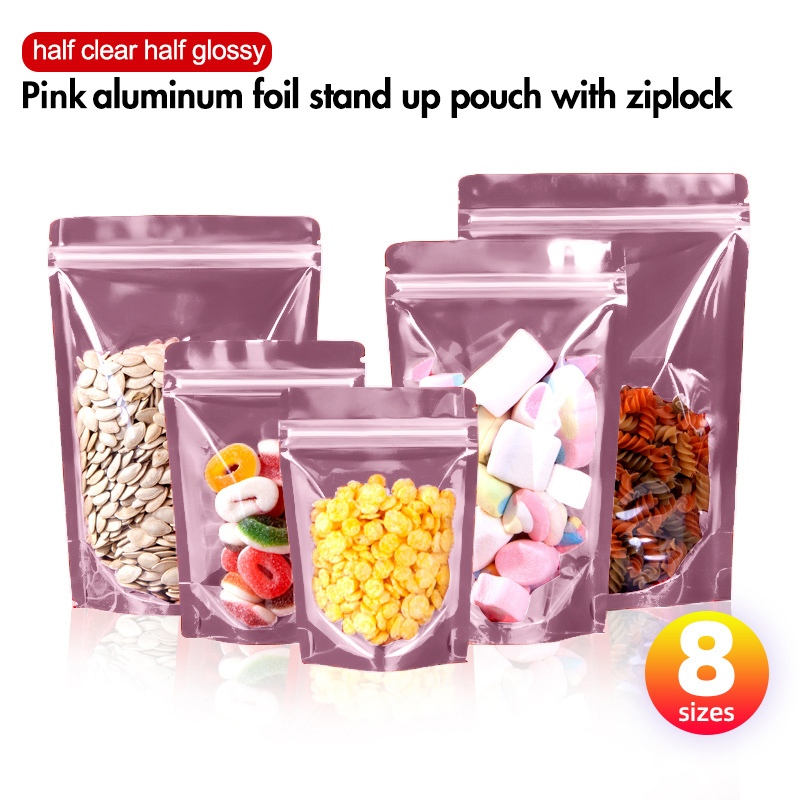 100pcs Half Pink Aluminum Half Clear Stand Up Pouch Resealable ...