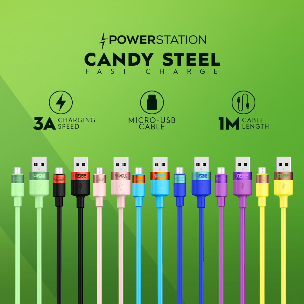 Powerstation Cable 3A Fast Charging and Data Sync 1M Length Candy Steel ...