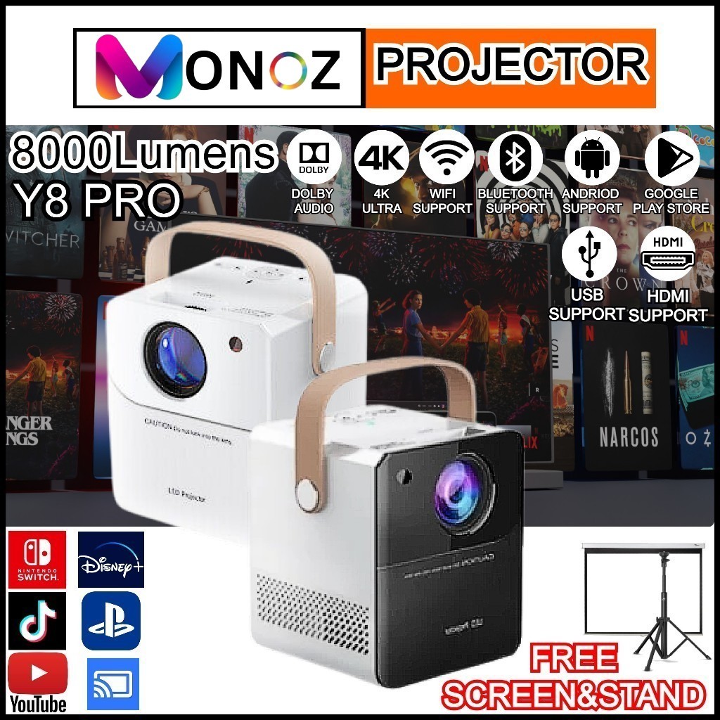 Projector Y8 Portable Smart Mini 8000 Lumens 4K HD 1080P Projector WiFi ...
