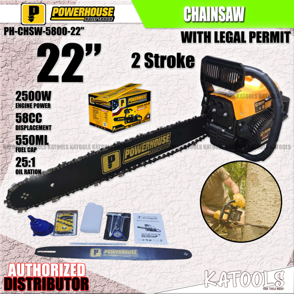 POWERHOUSE 22 Inches Gasoline Chainsaw Chain Saw Unleash 2500 Watts of ...