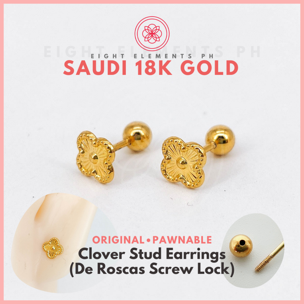 COD PAWNABLE 18k Earrings Real Saudi Gold Designer Clover and Ball Stud ...