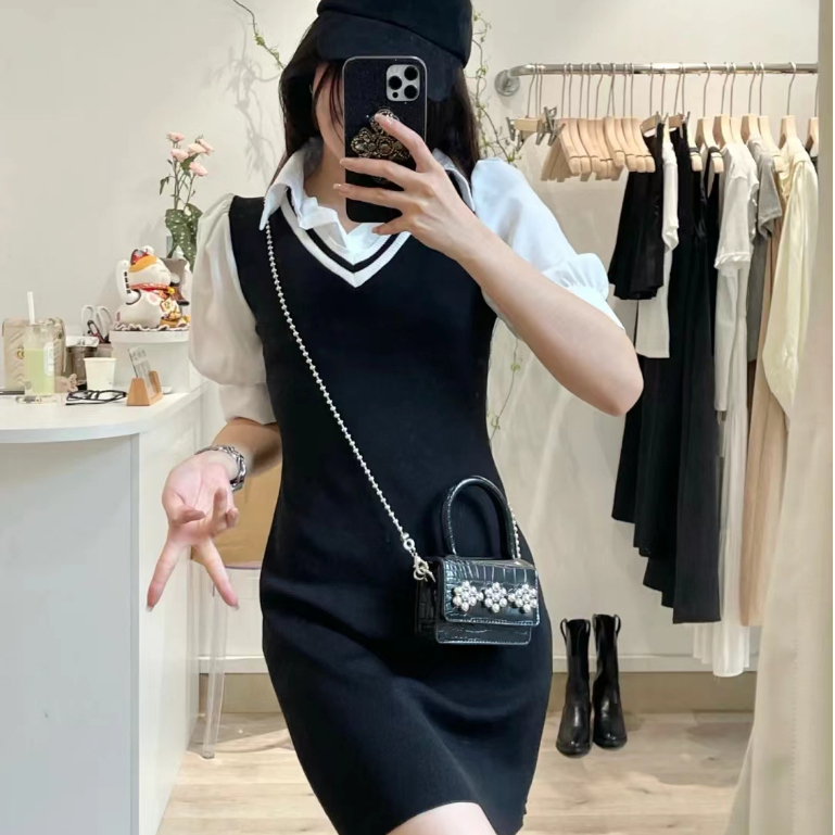 Casual Plain Collar Puff Sleeve Knit Women Dress Black Academic style ...