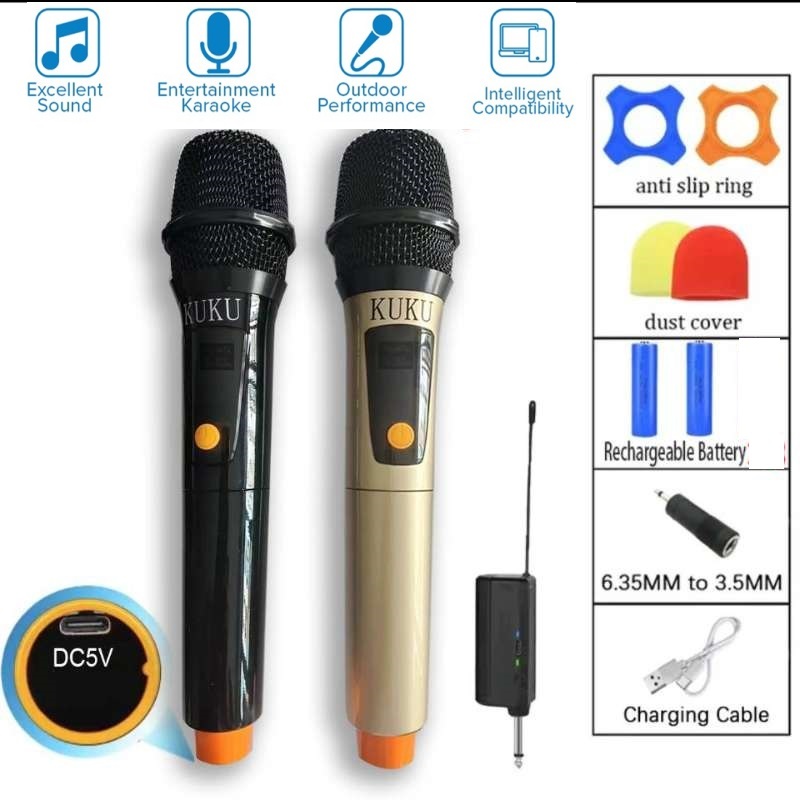 KUKU K-001A Wireless Microphone Rechargeable Karaoke Mic with Receiver ...