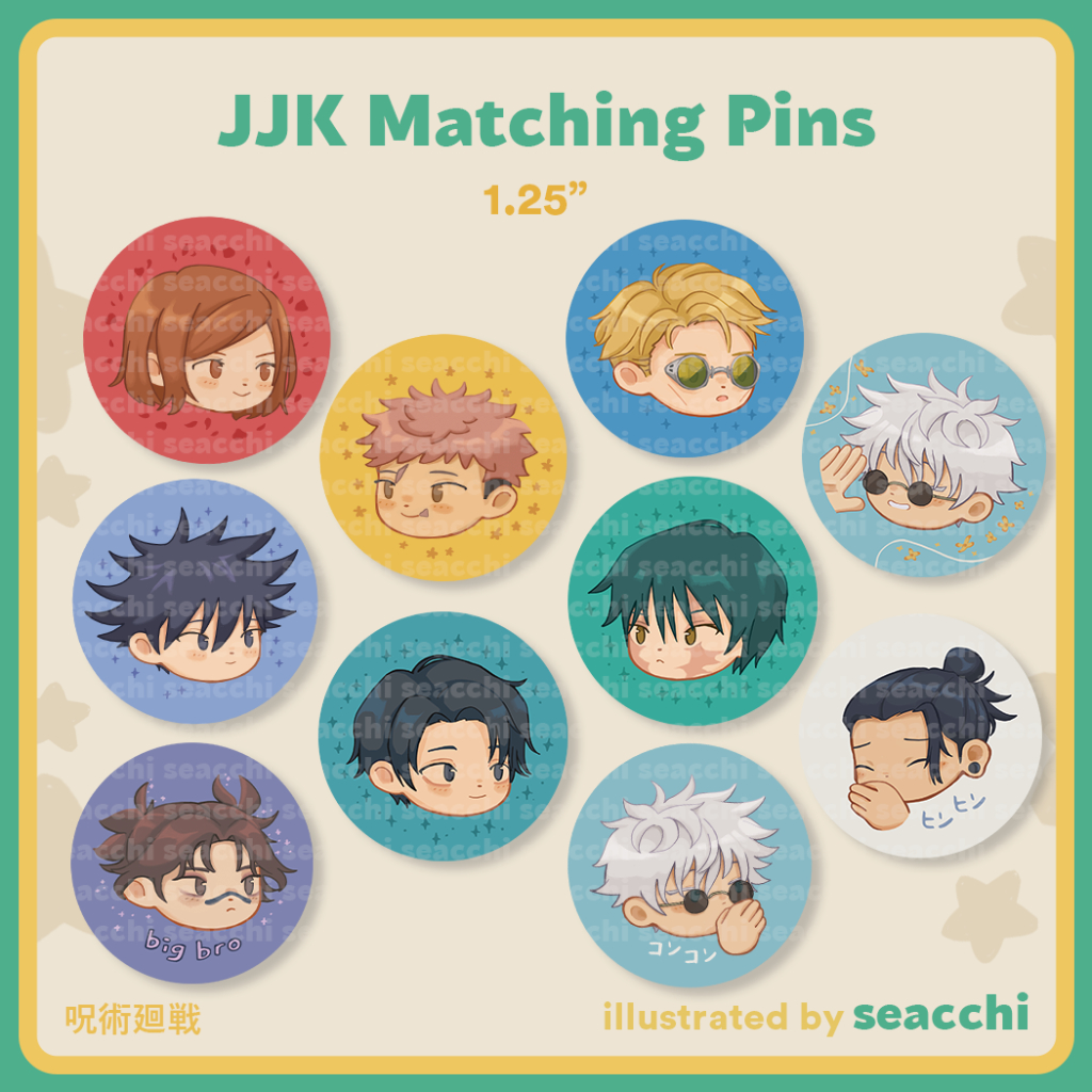 Jujutsu Kaisen - Button Pins 1.25" (JJK Gojo, Geto, Megumi, Choso, Yuji, Yuta, Maki, Nobara ...