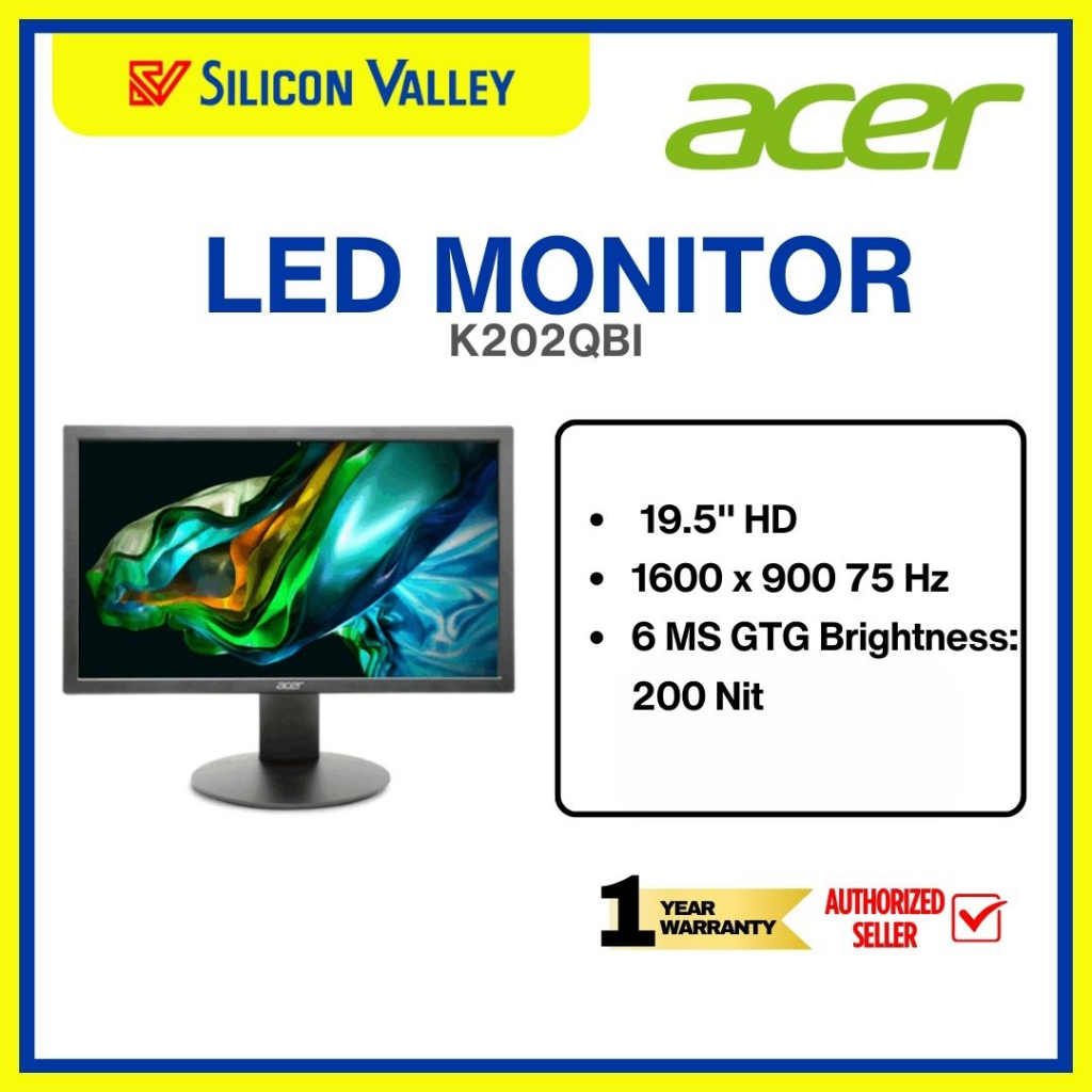 ACER K202Q BI |19.5inch LED Monitor | Resolution (1600 x 900) TN 75Hz ...