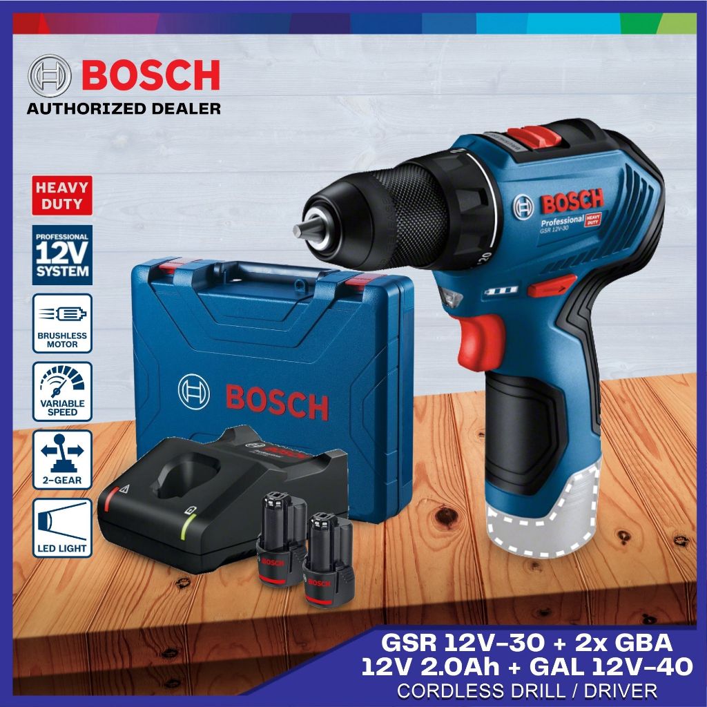 Bosch Drill Driver GSR 12V-30 +2 xGBA 12V 2Ah +GAL 12V-40 06019G90K0 HD ...