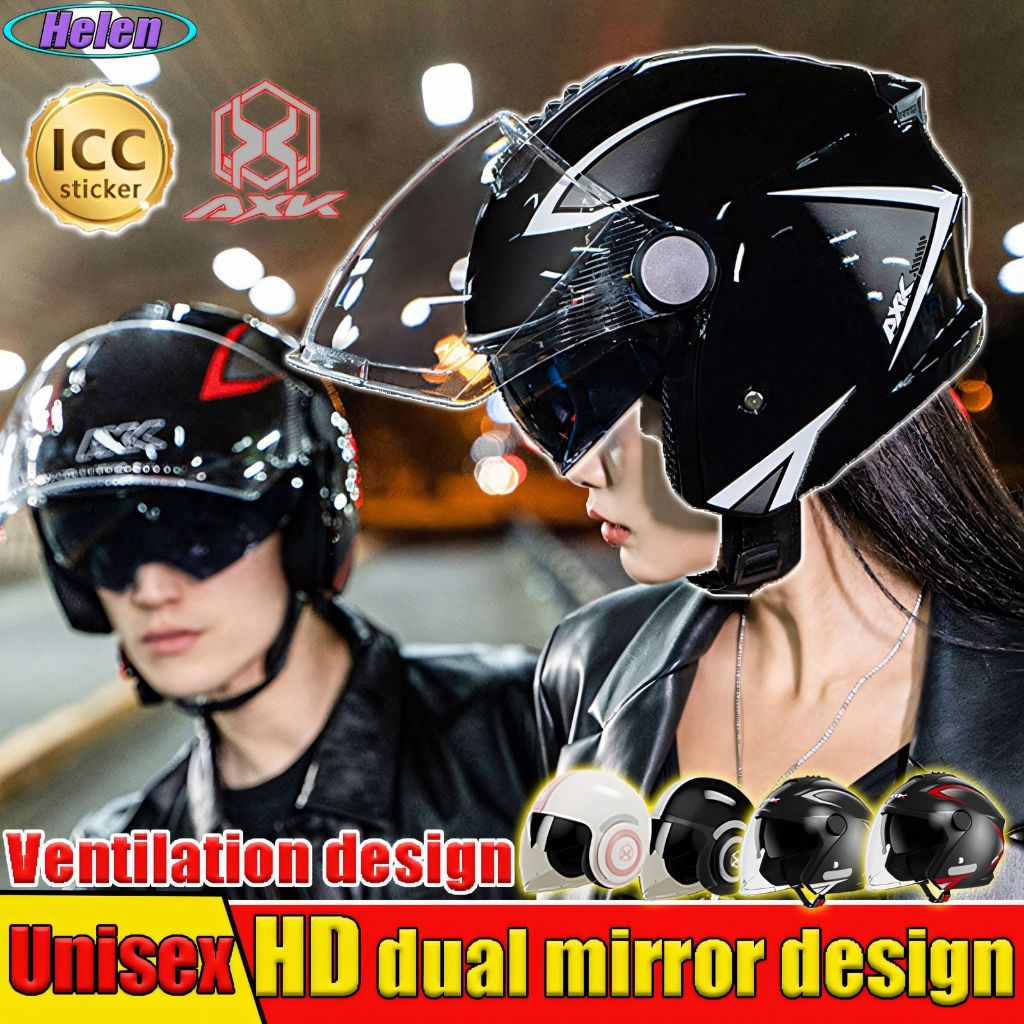 AXK Motorcycle Half Face Helmet For Men And Women HD Double Mirror ICC ...