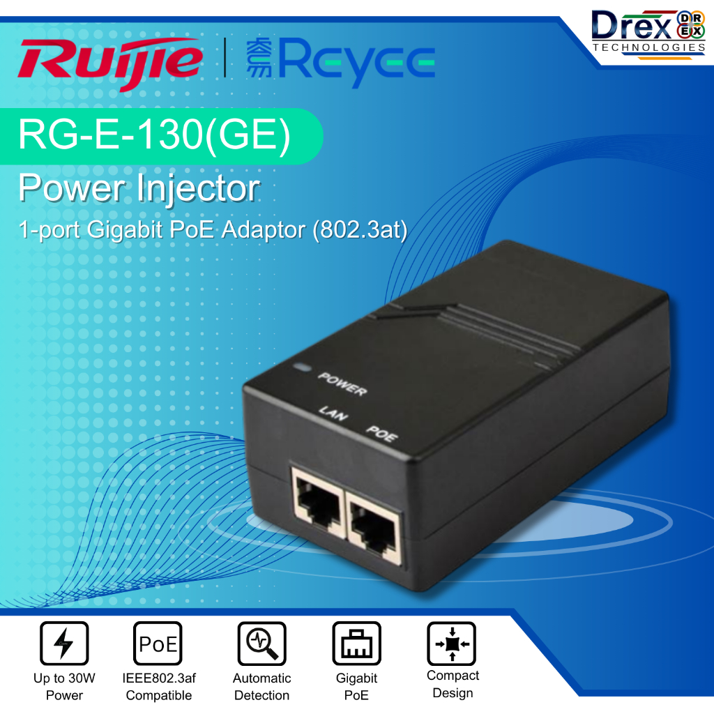 Ruijie RG-E-130(GE) 1-Port PoE Adapter (1000Base-T, PoE+) Up to 30W of ...