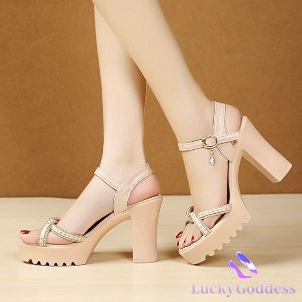 Korean Beige Sandals 4 inches heels sandals for women with chunky heels ...