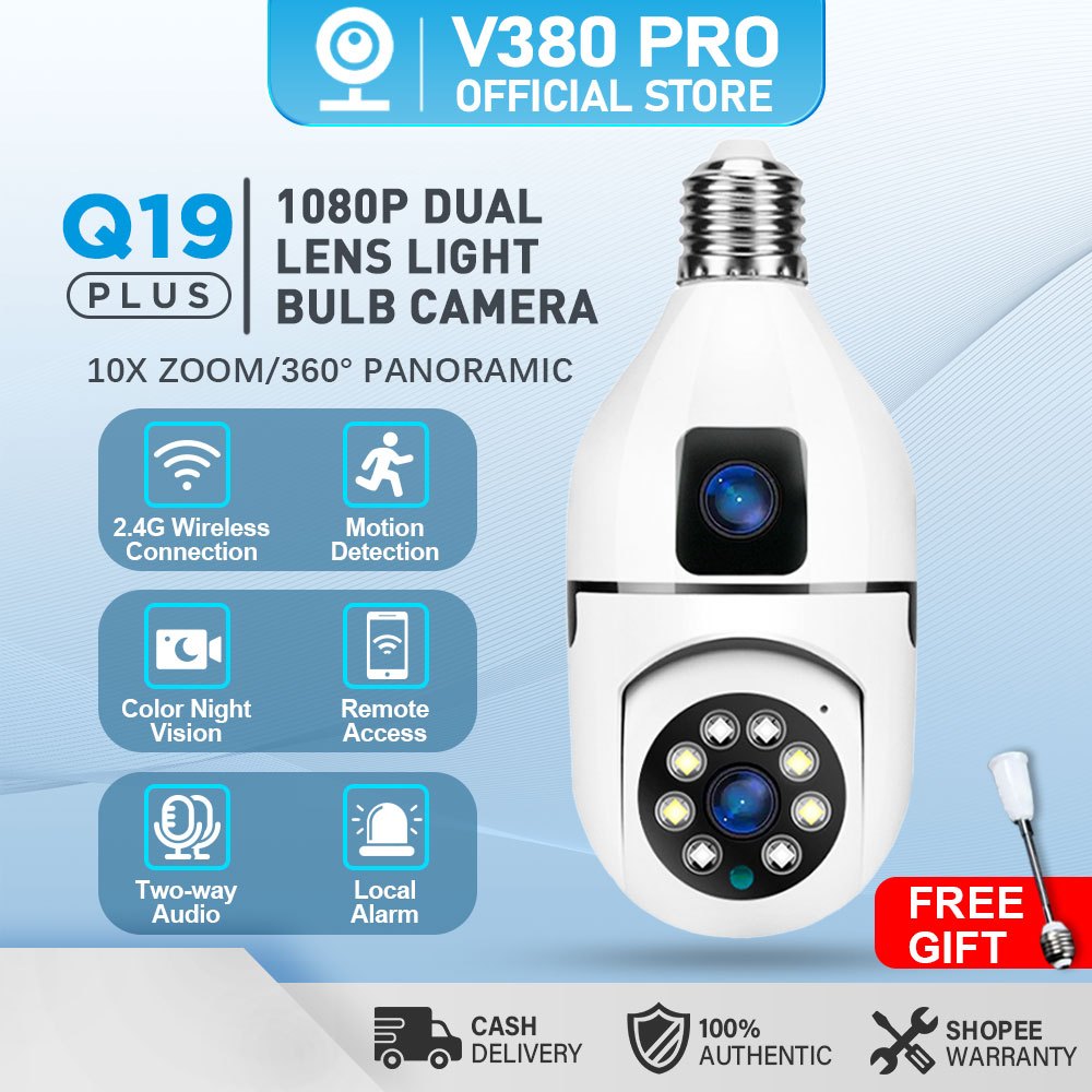 V380 PRO Q19 Plus Dual Lens HD 1080P Siren Alarm Smart CCTV Camera Bulb ...
