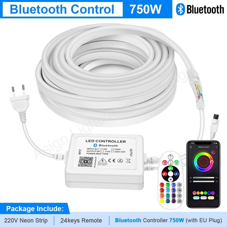 Bluetooth RGB LED Neon Strip Light 220V Smart Control IP67 Waterproof ...