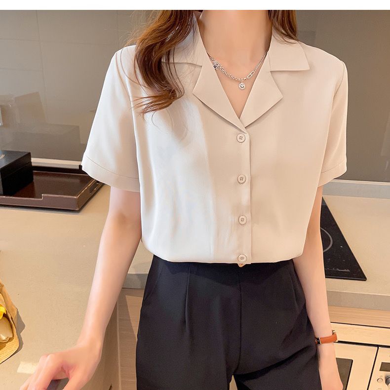 【Ready stock】Korean Blouse Casual Plain Loose Collar Neck white polo ...