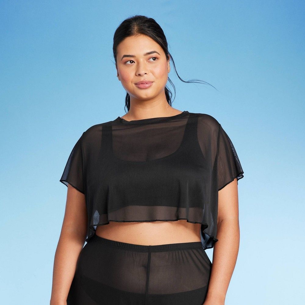 MID-PLUS SIZE CROPTOP MESH SUMMER BEACH SWIMSUIT COVER UP (NO INNER ...