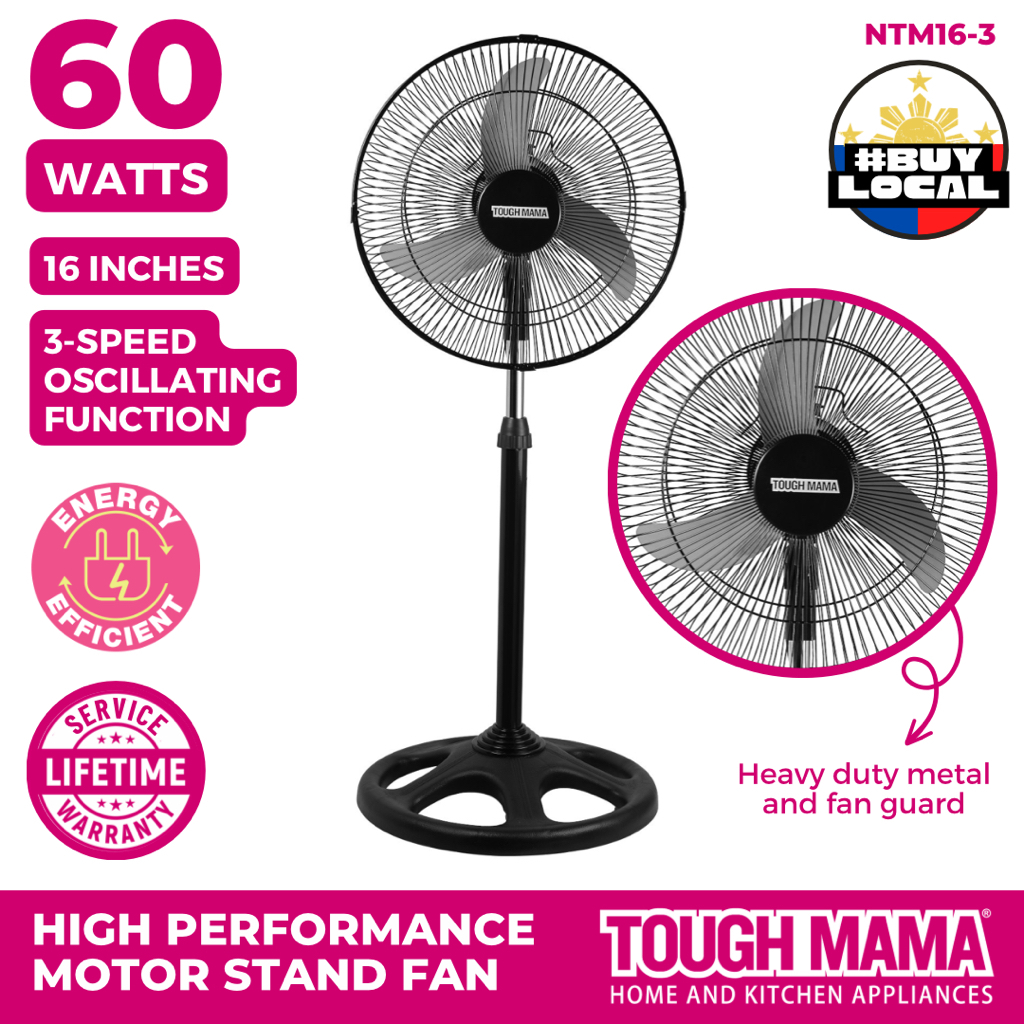 Tough Mama NTM16-3 Electric Stand Fan 16" Oscillating Heavy Duty Energy ...
