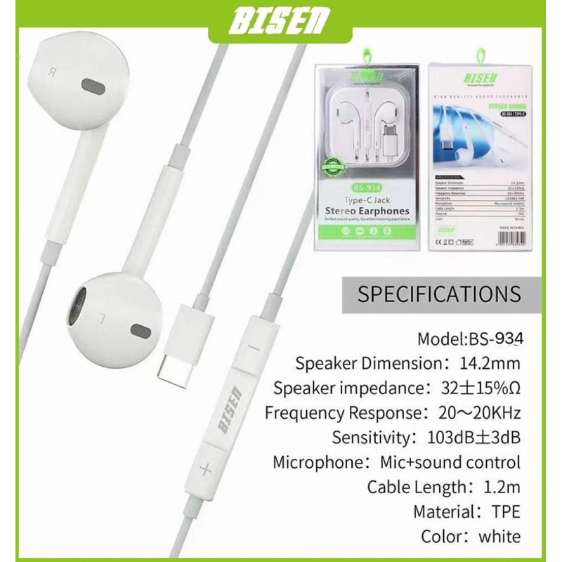 BISEN BS-934 HiFi Wired Type-C Earphone Stereo Audio Sounds Built-In ...