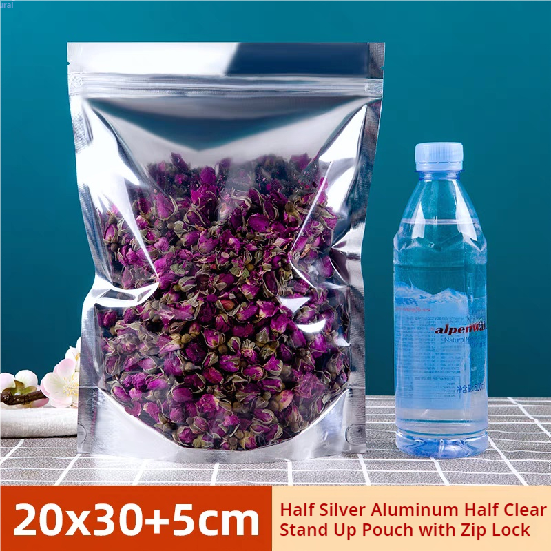 50-100 pcs Half Silver Aluminum Half Clear Stand Up Pouch with Zip Lock Packaging Ziplock ...