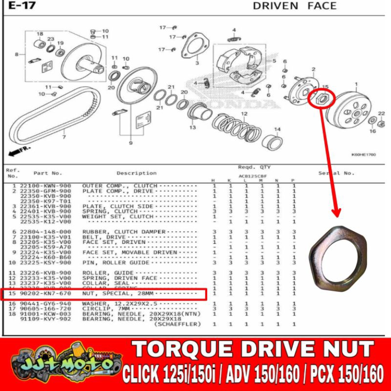 HONDA-TORQUE DRIVE NUT (CLICK 125i/150i/ADV 150/160 / PCX 150/160 ...