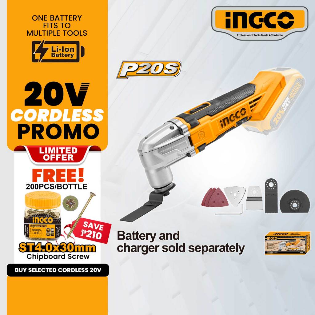 Ingco 20V CMLI2001 Lithium-Ion Cordless Oscillating Multi-Tool Set P20S ...