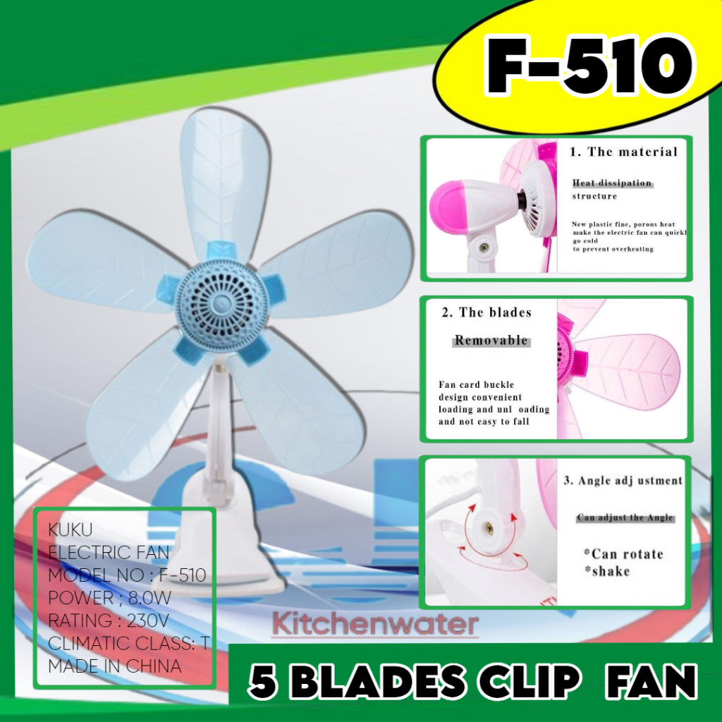 KUKU F-510 Portable Clip Fan 5 Blade With Stand Mini Home Electric fan ...