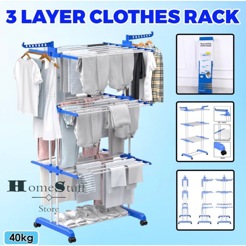 3 Layers Clothes Hanger: Laundry Drying Rack, White/Light Blue | Shopee ...