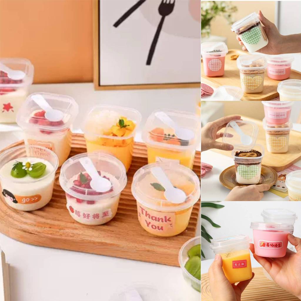 10pcs Dessert Cups with Spoon square round mousse pudding parfait cups ...