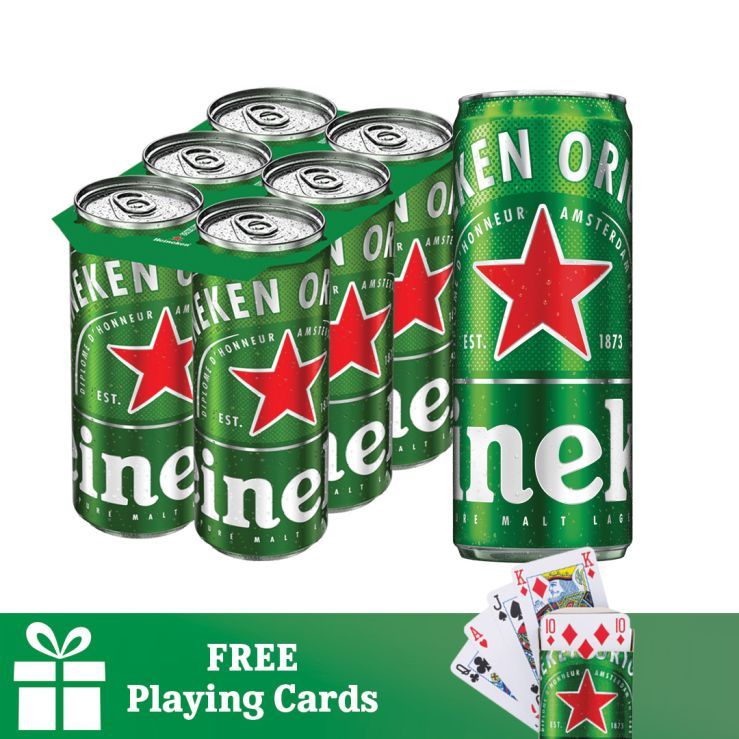 Heineken Original Beer Can 330ml 6 Pack with FREE Heineken Playing ...